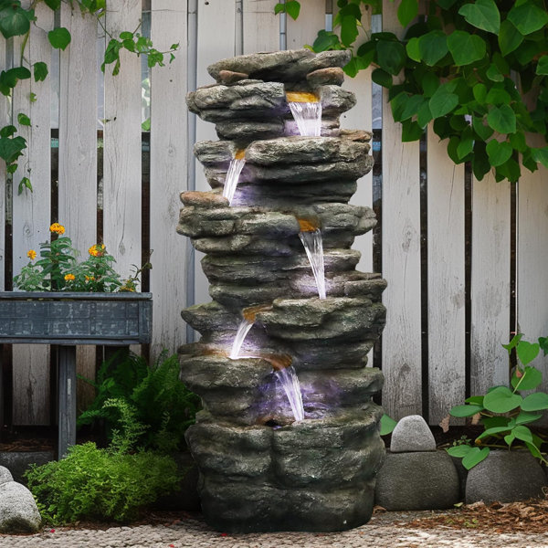 Loon Peak® 40" High 6-Tiers Cascading Rock Outdoor Water Fountain with ...