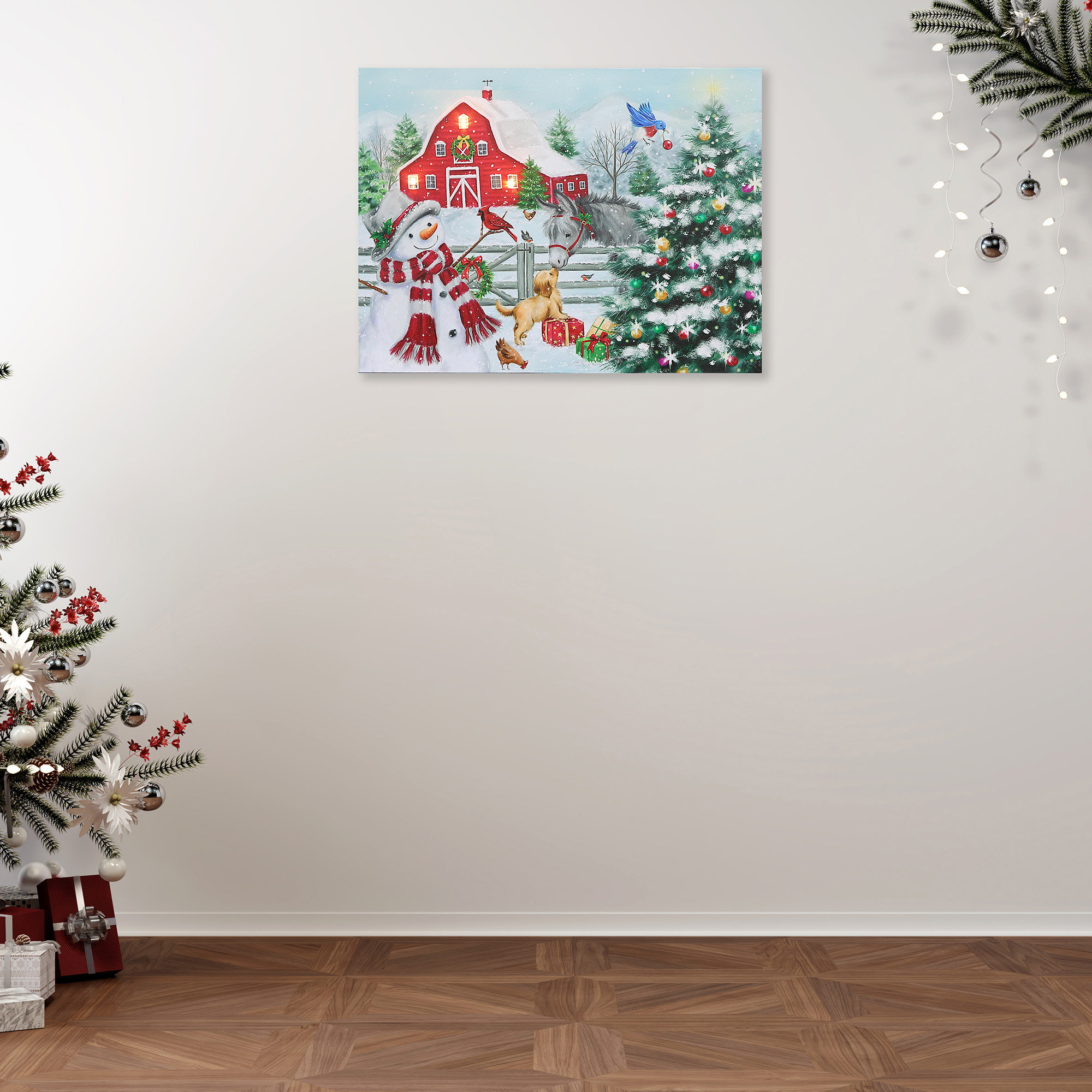 iH casadécor Christmas Led Canvas Wall Art Snowman With Barn 12X16 ...