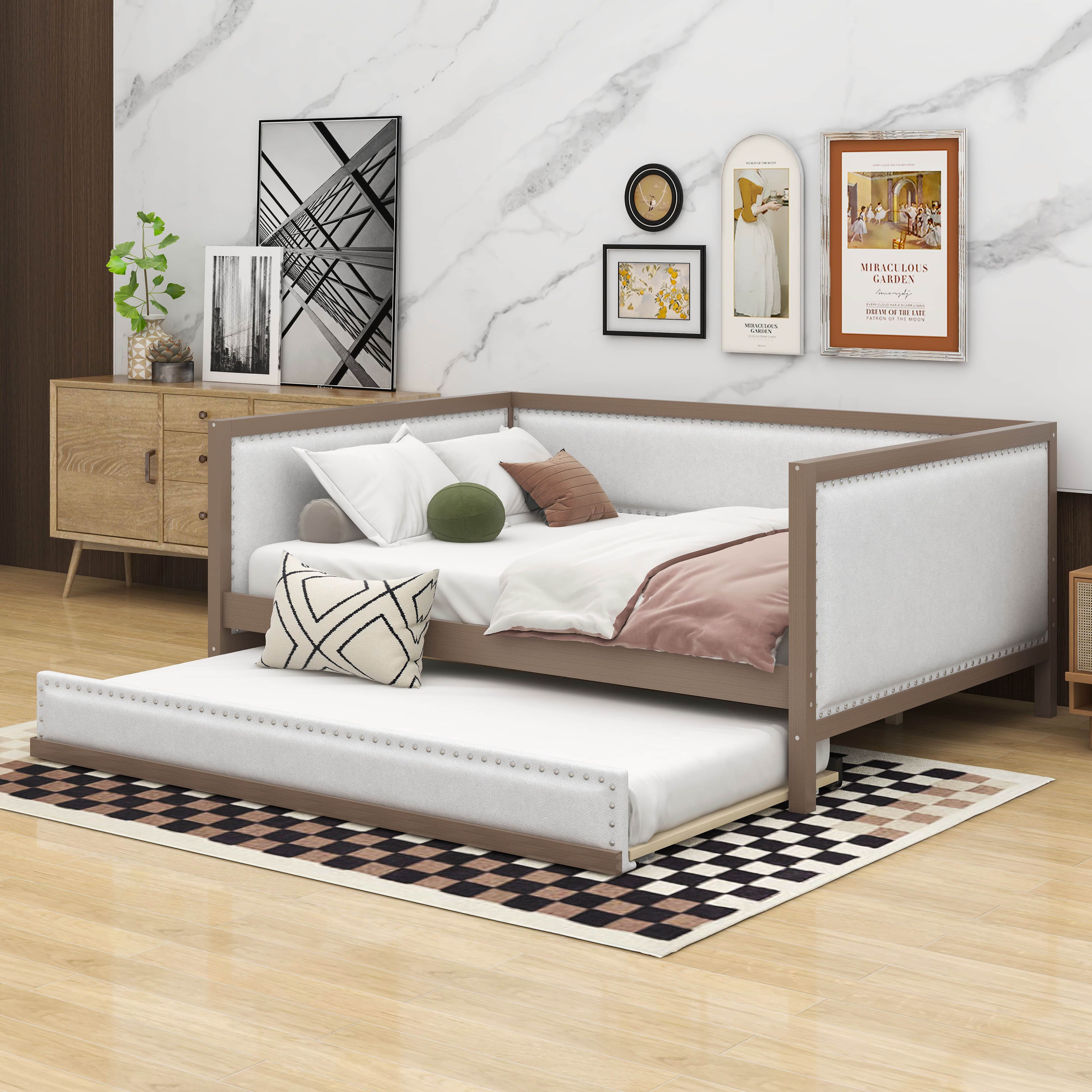 Lark Manor Waris Full Size Upholstered Daybed with Trundle and Nailhead ...