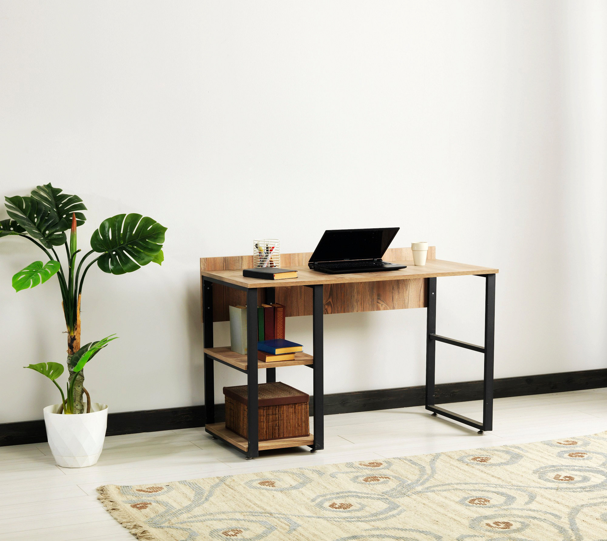 George Oliver Writing Desk With 2 Shelves, Metal Frame Computer Desk ...
