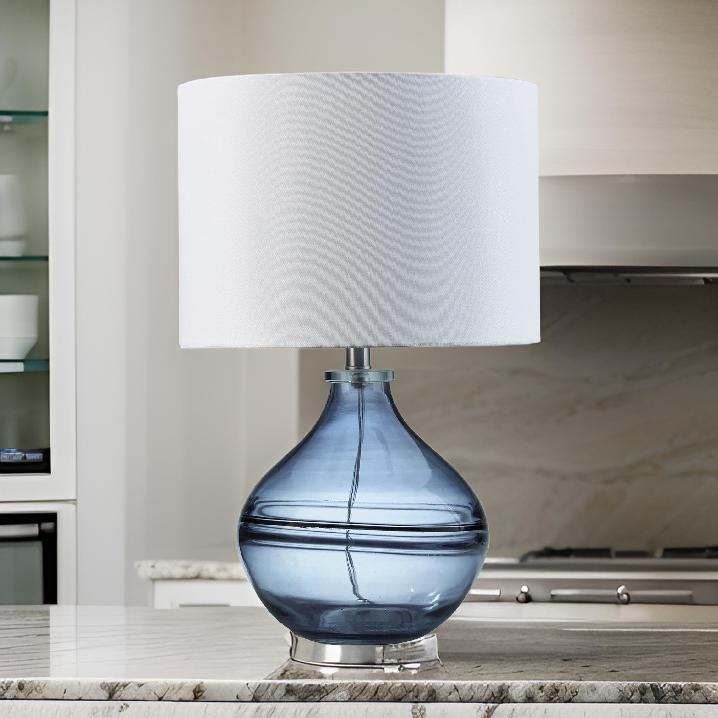 Benjara Amie 22 Inch Table Lamp, White Drum Shade Drop Style Blue Glass ...
