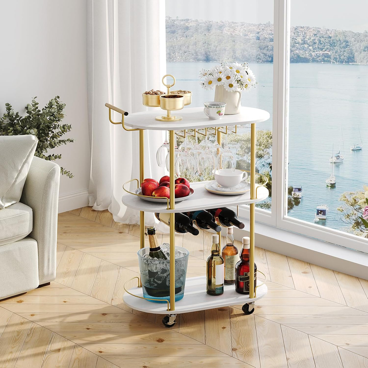 Mercer41 Chariot-bar doré, chariot de service à 3 niveaux avec roues ...