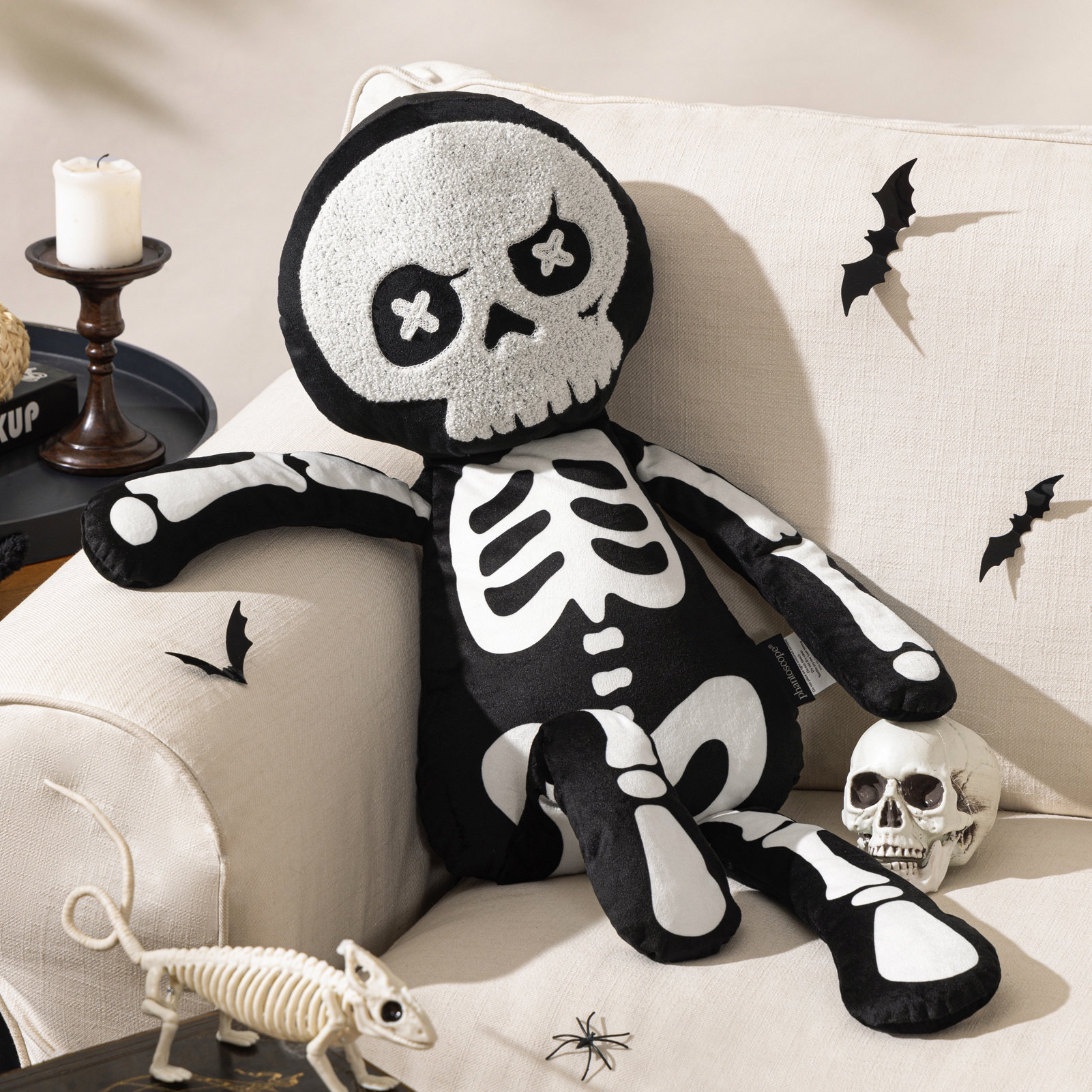 Phantoscope Happy Halloween Skeleton Shaped Throw Pillow Soft Velvet Embroidery 3D Skull Pillow ...