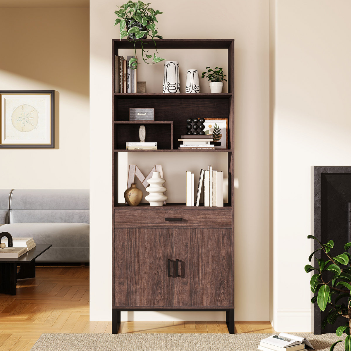 Latitude Run® 75.9"Modern Open Bookshelf Bookcase With Storage Drawer ...