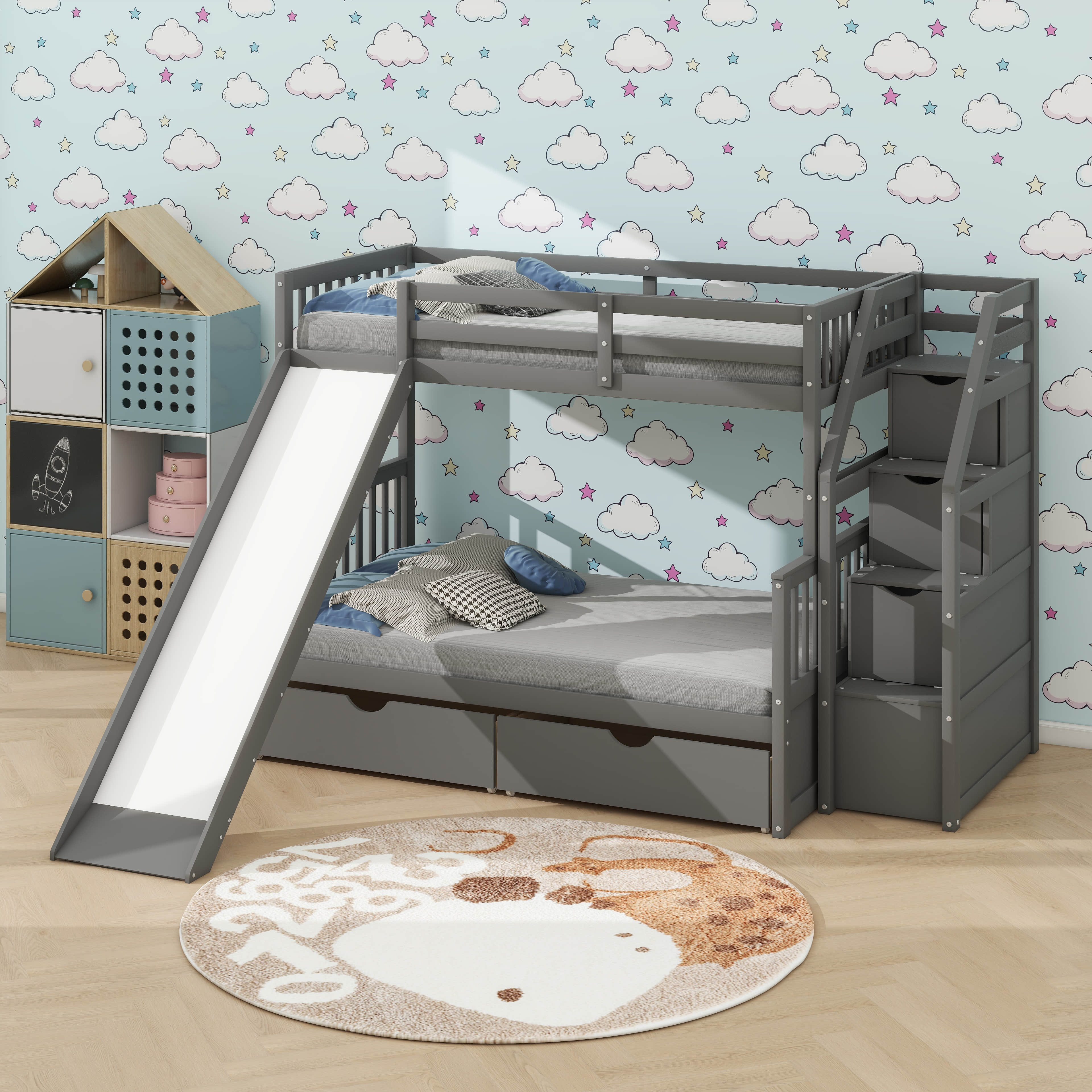 Harriet Bee Wooden Bunk Bed With Two Built-In Drawers, Featuring A Twin ...