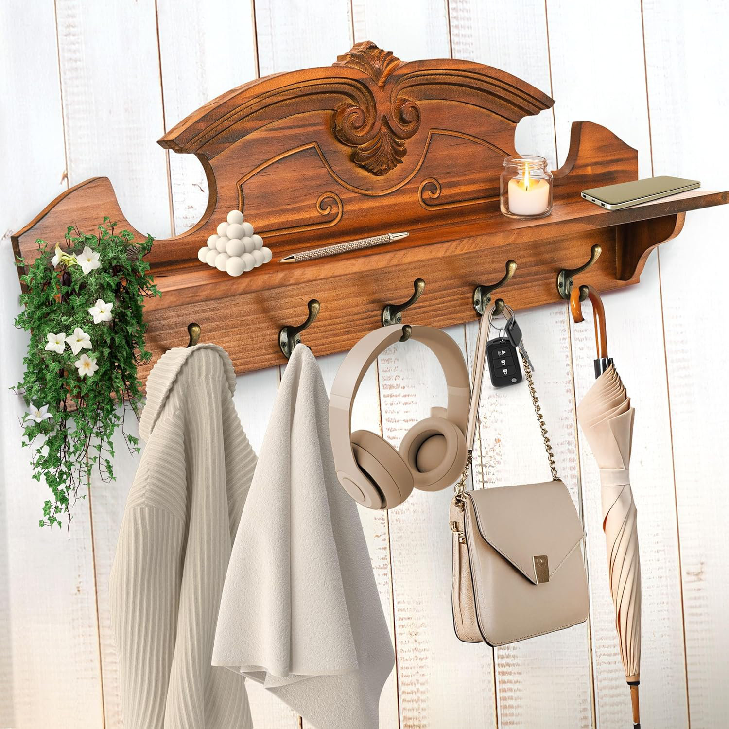 Rosalind Wheeler Coat Hanger Wall Mount With Shelf -Toasted Chestnut ...