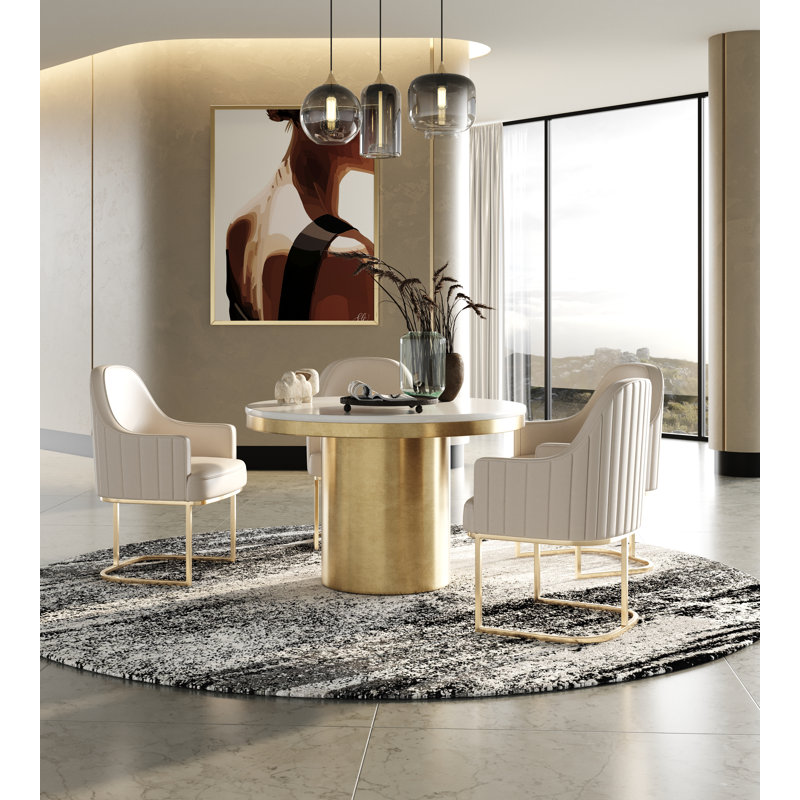 Everly Quinn Rocky - Glam White Marble & Brush Gold Round Dining Table ...