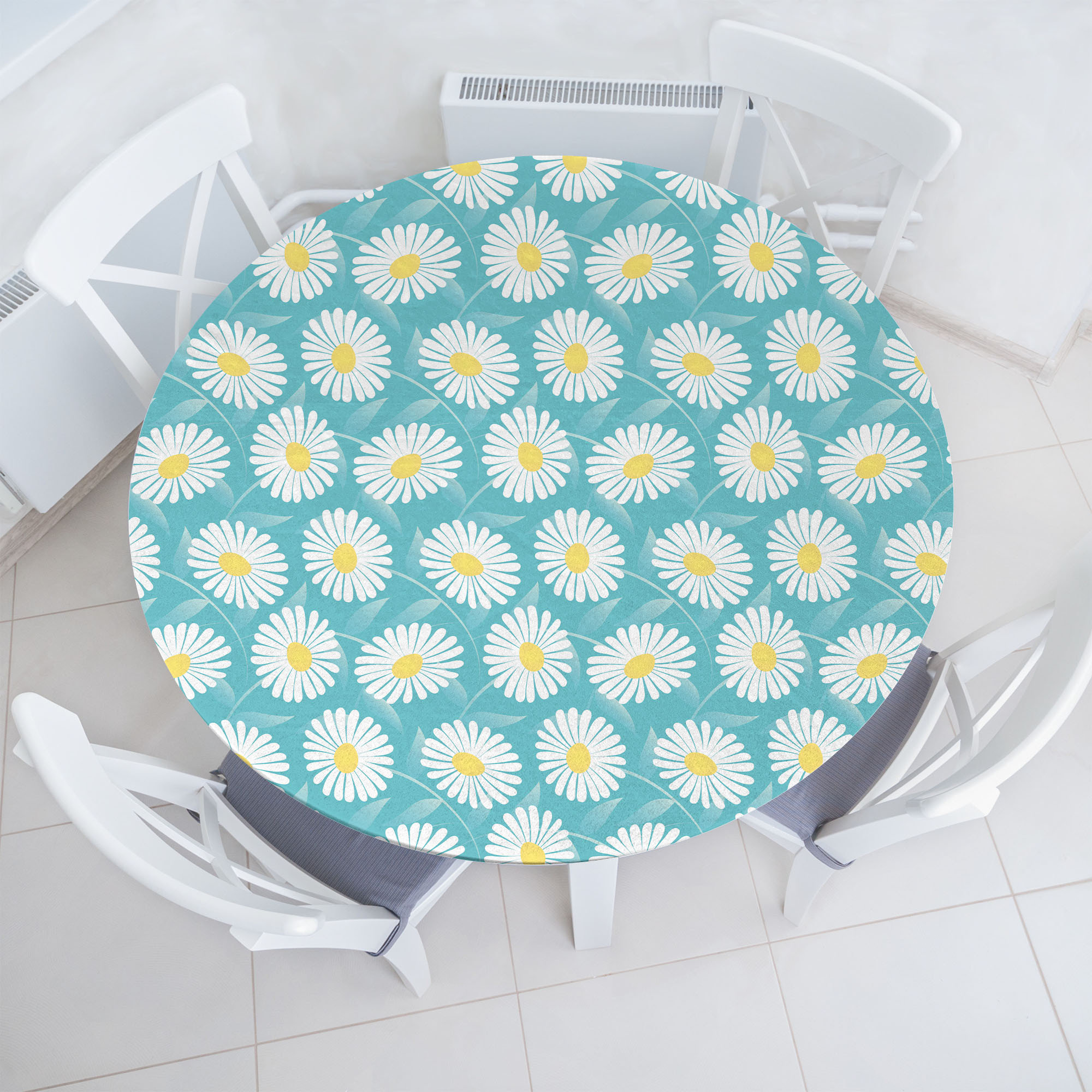 Bungalow Rose Daisy Fitted Round Tablecloth Diameter Pale Blue and ...