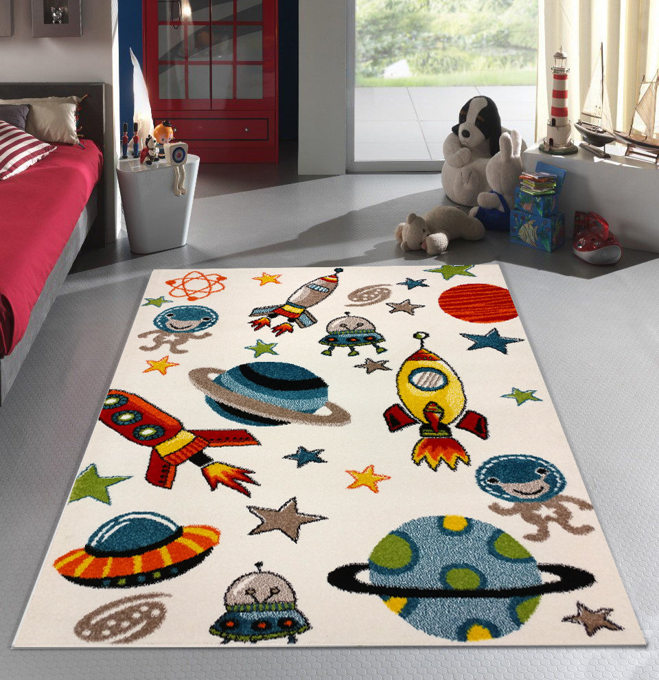 Zoomie Kids Annmarie Area Rug for Kids Bedroom Aliens in Outer Space ...