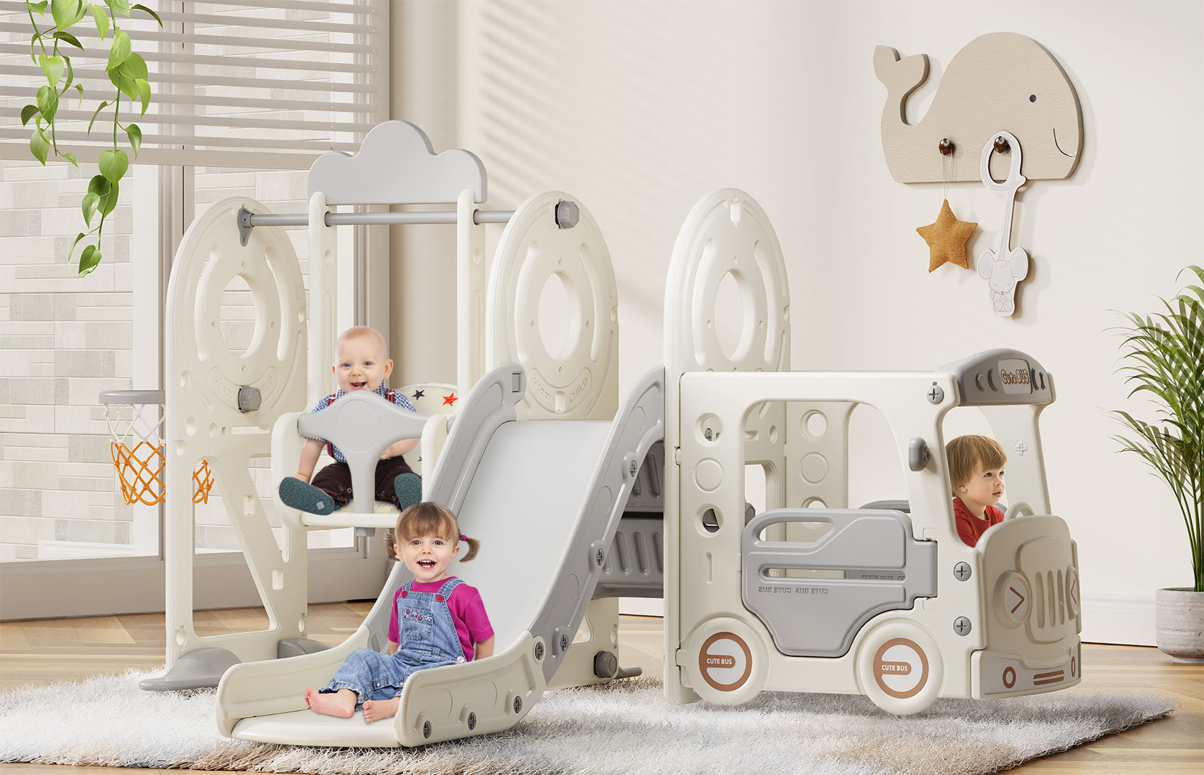 Suteck 5 in 1 Toddler Slide, Kids Slide with Climber,Bus Playhouse and ...