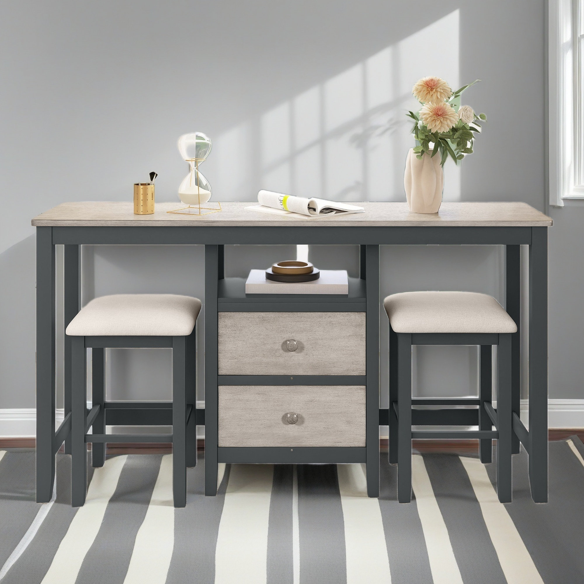 August Grove® Farmhouse Rustic 3-Piece Counter Height Wood Dining Table ...