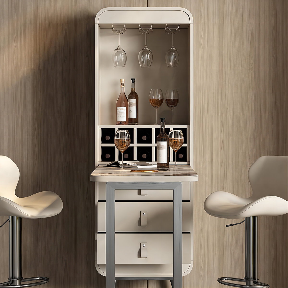 Recon Furniture Happtom 76.77"Tall Beige Leather Wine Bar Cabinet with ...