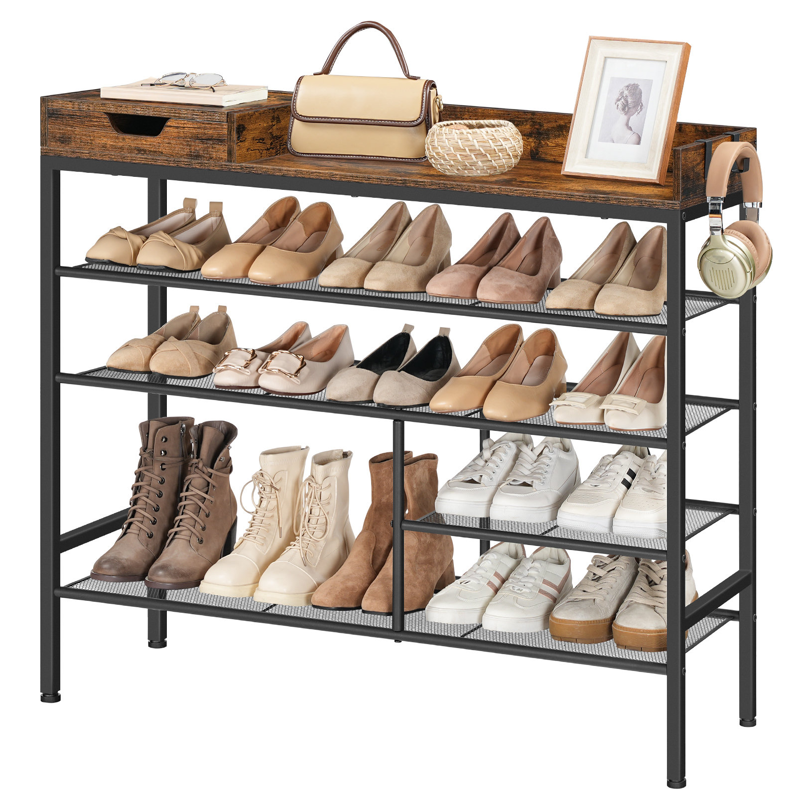 17 Stories 5 Tier 18 Pair Shoe Rack With Storage Box and Hooks ...