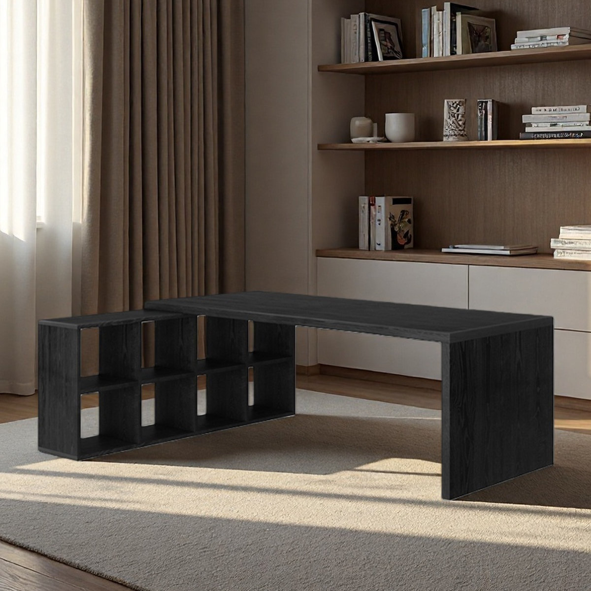Orren Ellis A black solid wood long desk with side cabinets | Wayfair