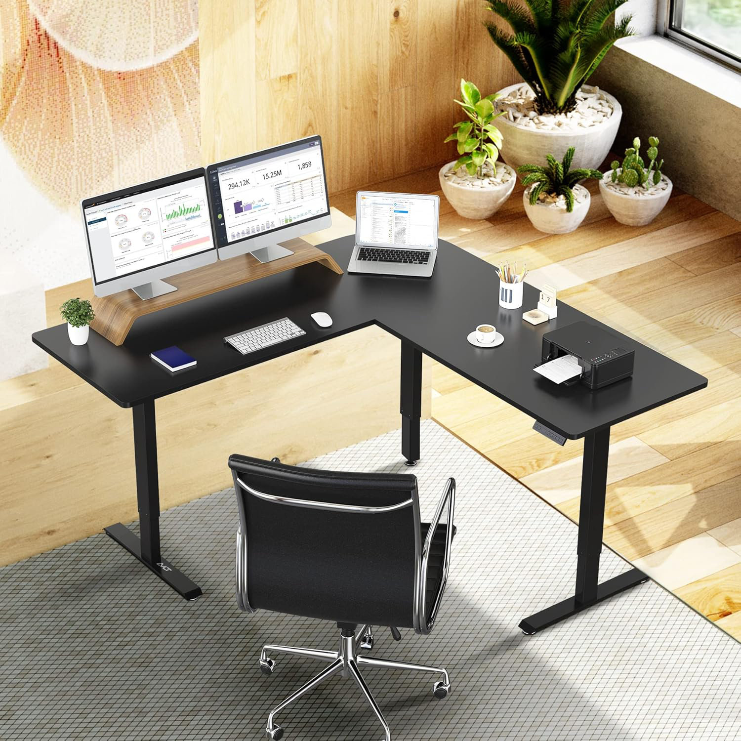 Co-t Electric L-Shaped Standing Desk Frame With Height Adjustable 3-Leg ...