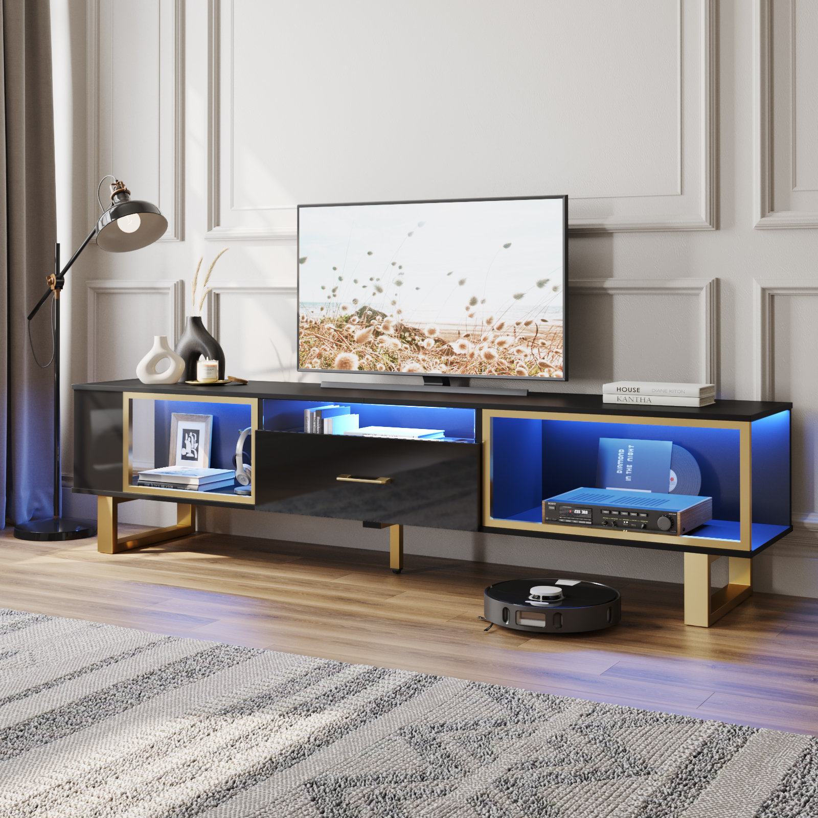 Mercer41 Martee 70" Led TV Stand for 75/80 inch TV, Glossy Media ...