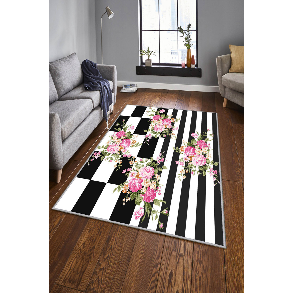 East Urban Home Rectangle Starwood Floral;Striped Machine Made ...