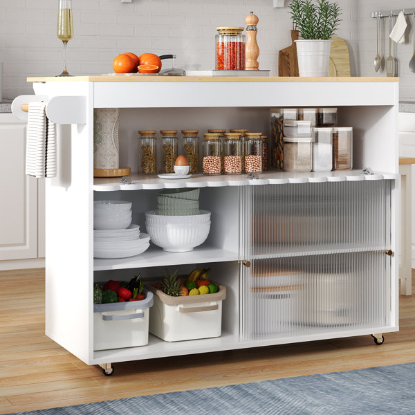 Fleur De Lis Living Solid Wood Top Kitchen Island With Sliding Doors ...