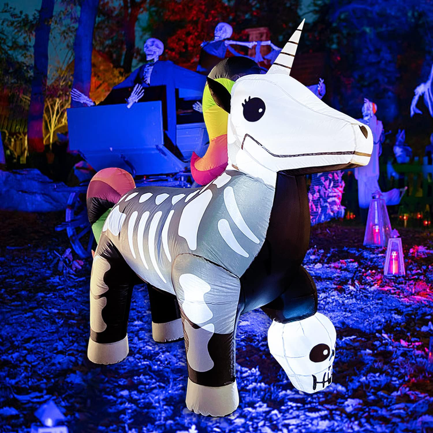 The Holiday Aisle® 6 FT Inflatable Skeleton Unicorn With Rainbow Tail ...