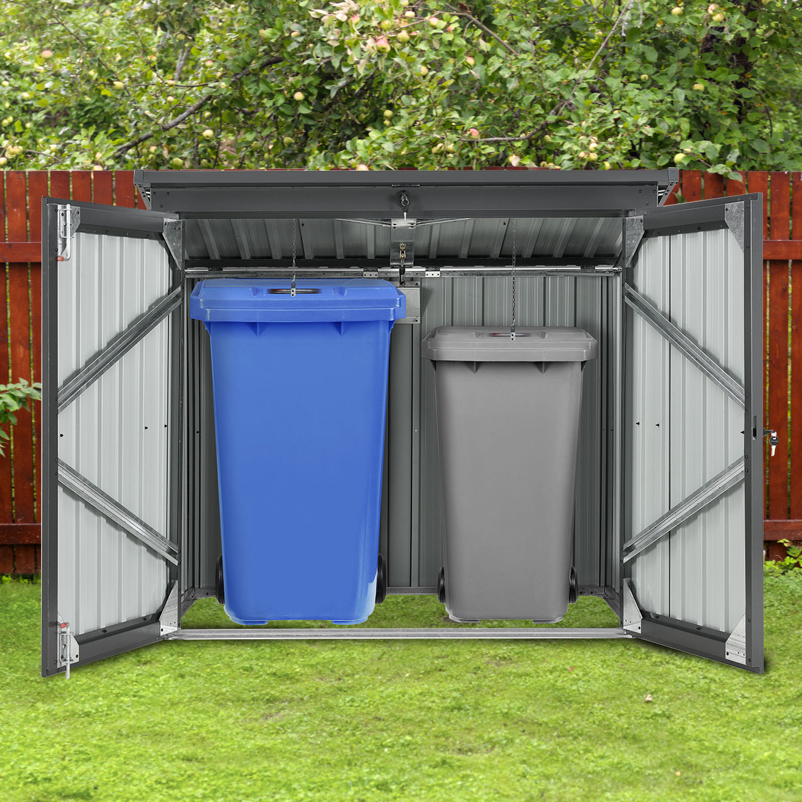 HOA.WWC Metal Outdoor Garbage Bin Shed For 2 Trash Cans Black With ...
