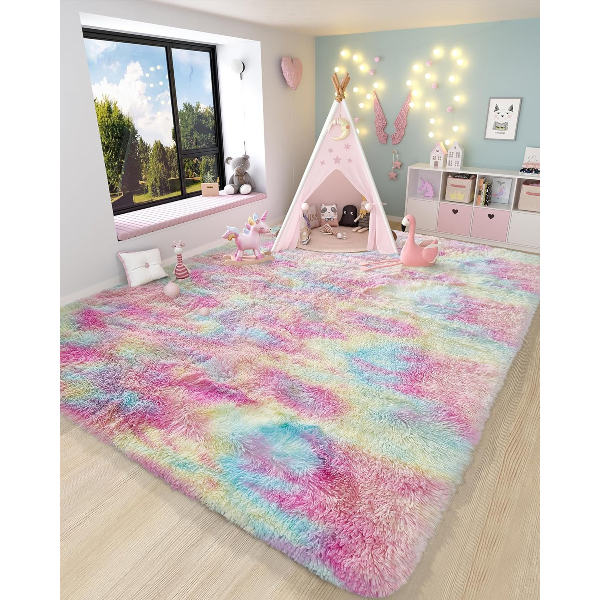 Mercer41 Rainbow Colorful Rugs For Living Room 5X8, Unicorn Fluffy Shag ...