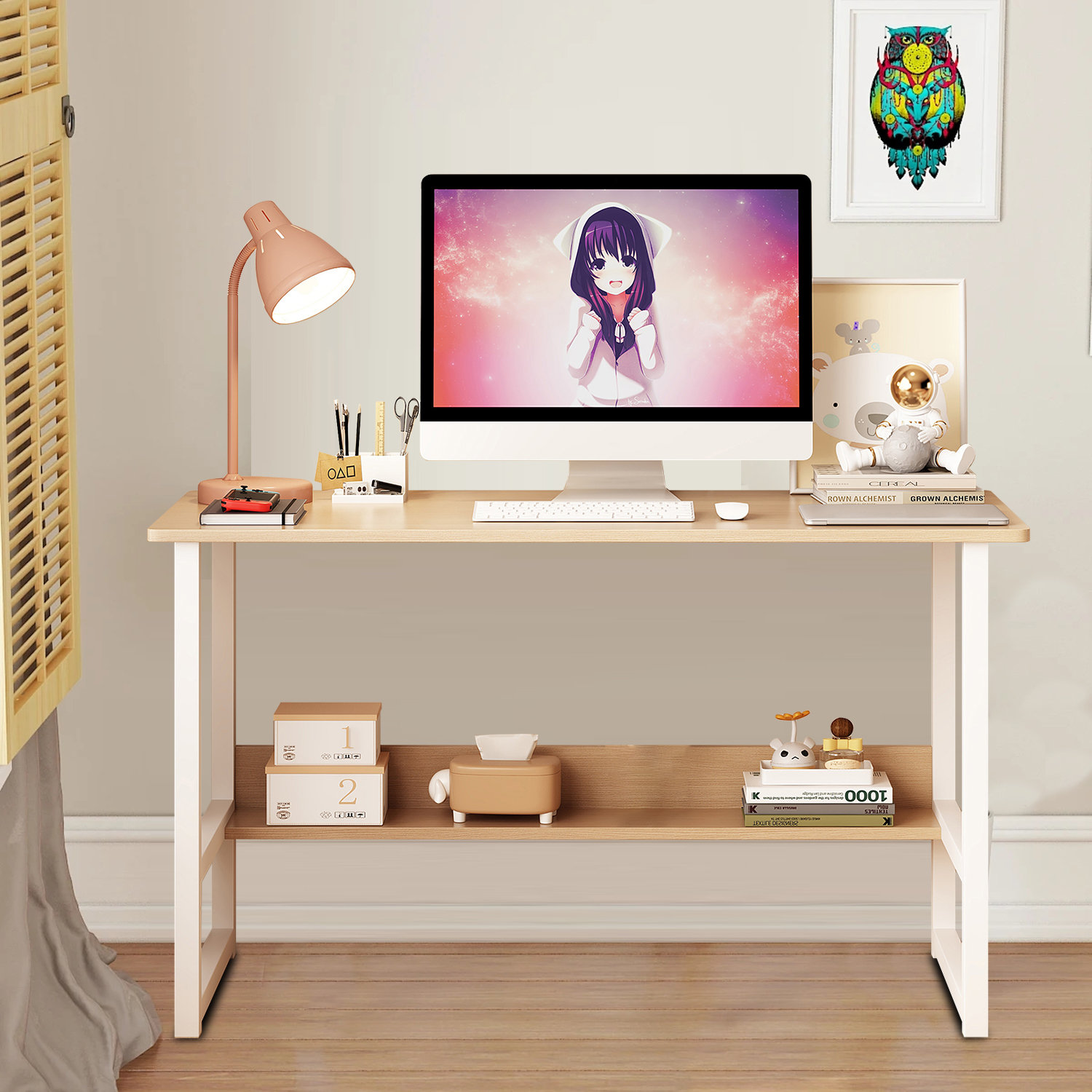 Latitude Run® Modern style computer desk with open shelves and metal ...