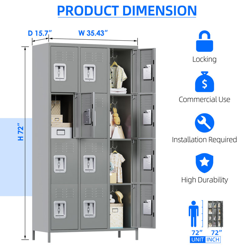 REEMOON Metal Lockers For Employees With Lock&12 Doors Black Metal ...
