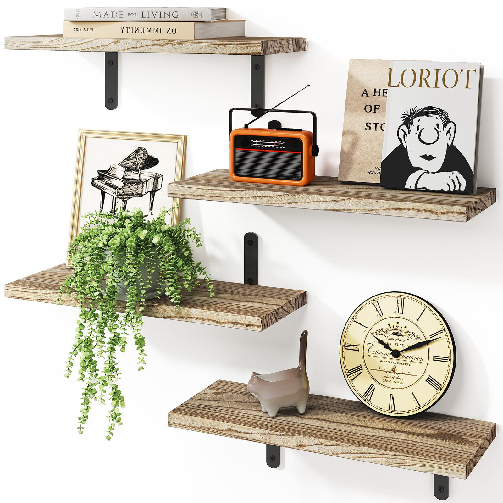 COAHAHA Floating Wood Shelves Set Of 4, Sturdy Iron Frame Wall Storage ...