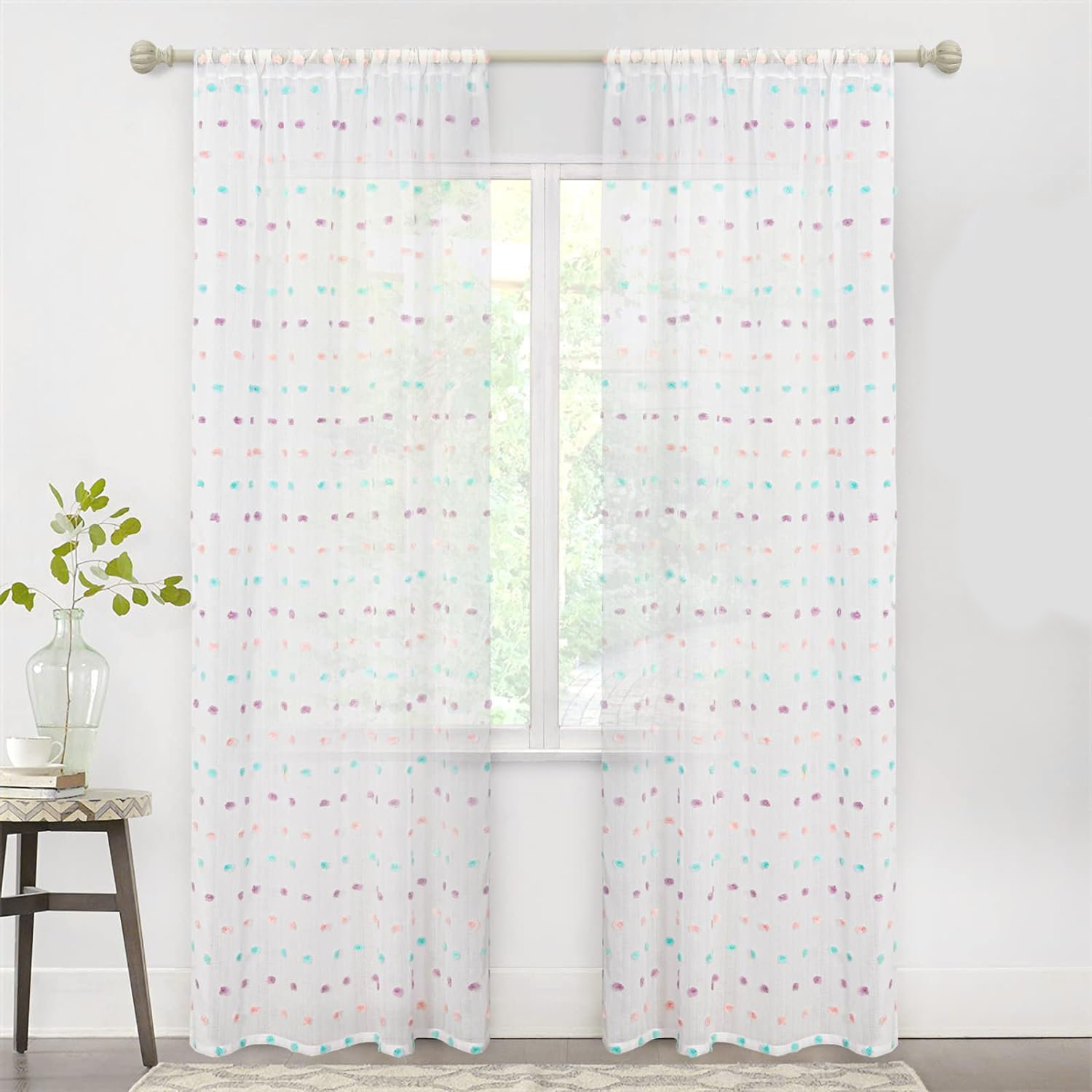 Latitude Run® Pom Pom Sheer Curtains,2 Panels Light Filtering Rod ...