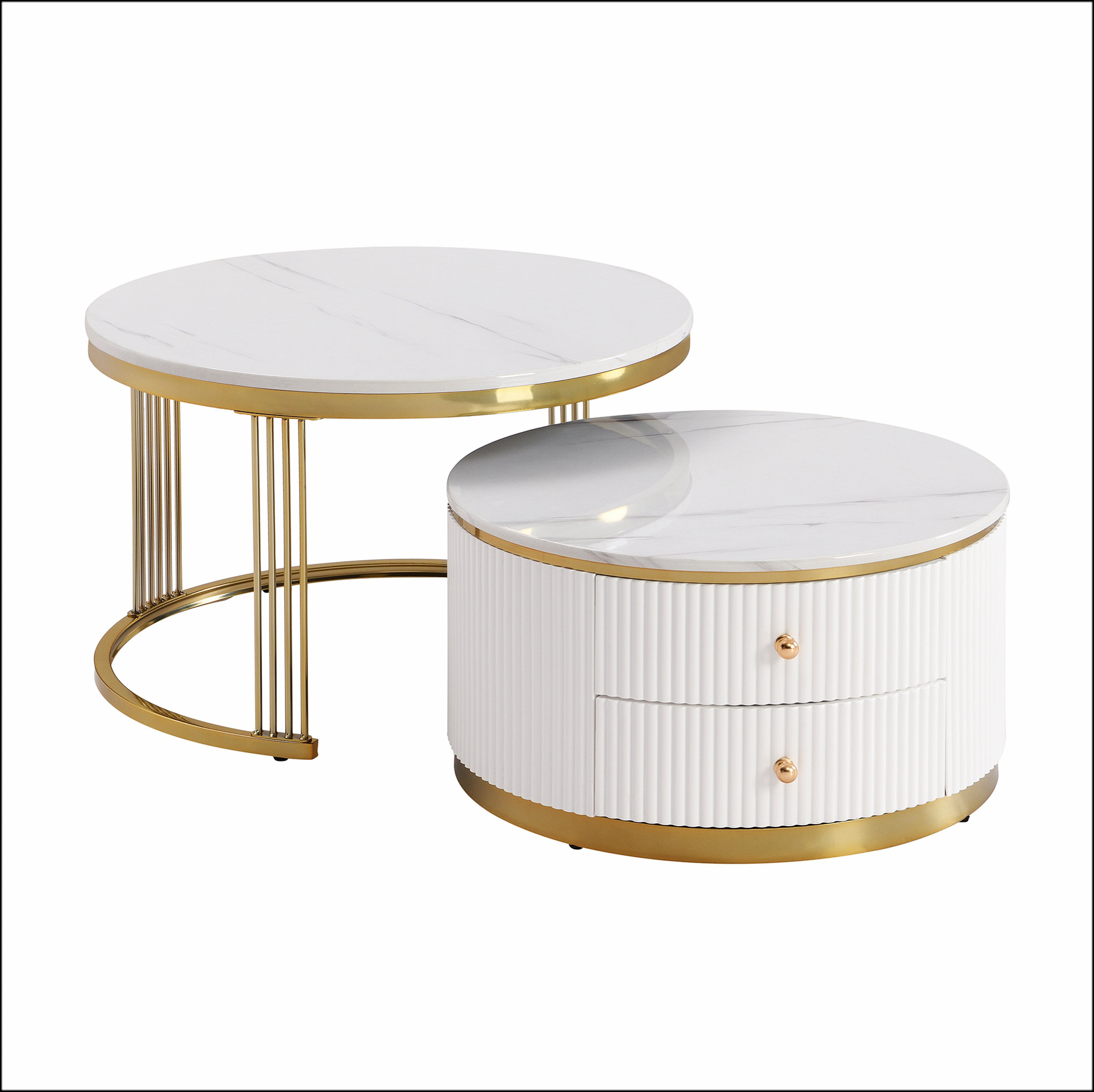 Mercer41 Modern 2 Pieces White Round Nesting Coffee Table with Drawers ...