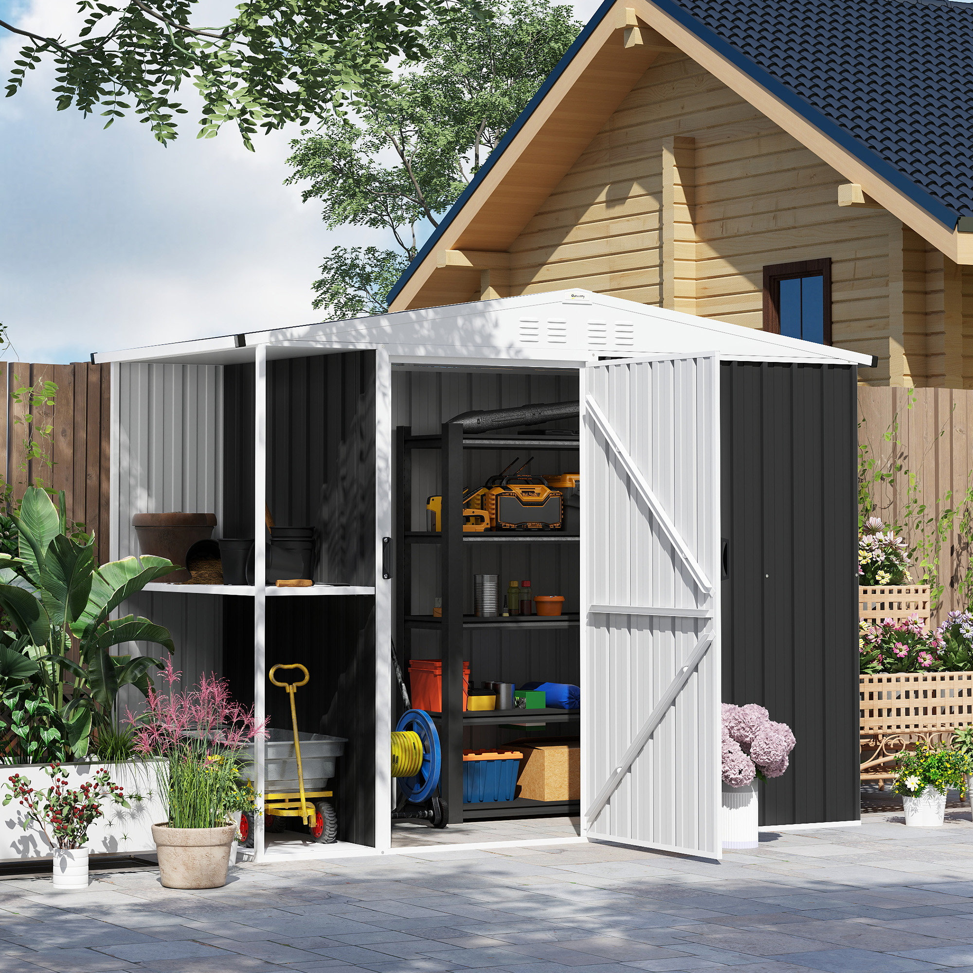 Outsunny 8 x 4ft Outdoor Storage Shed, Metal Garden Shed with 2-Tier ...