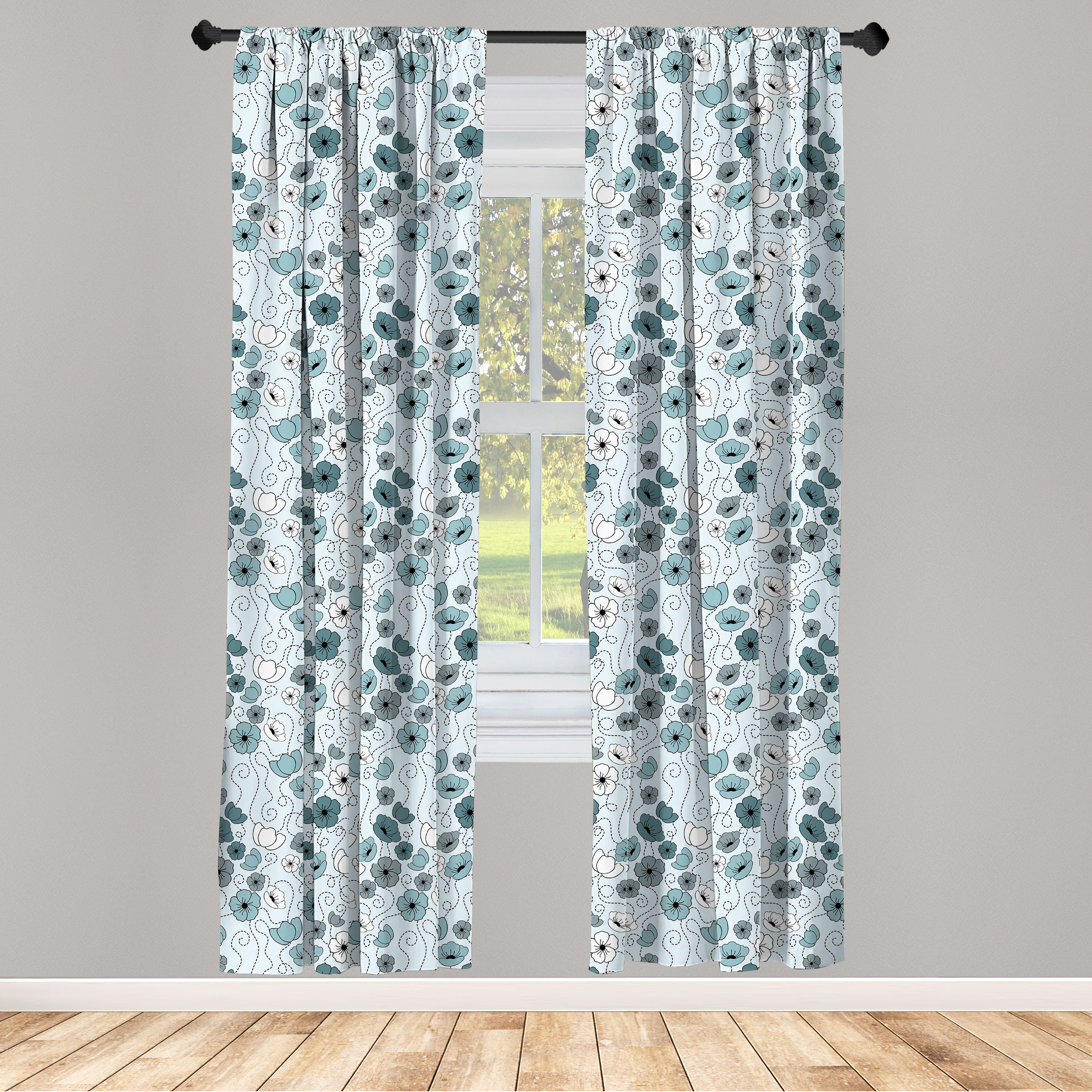 Red Barrel Studio® Floral 4-Panel Curtains, Doodle Floral Botany, Grey ...