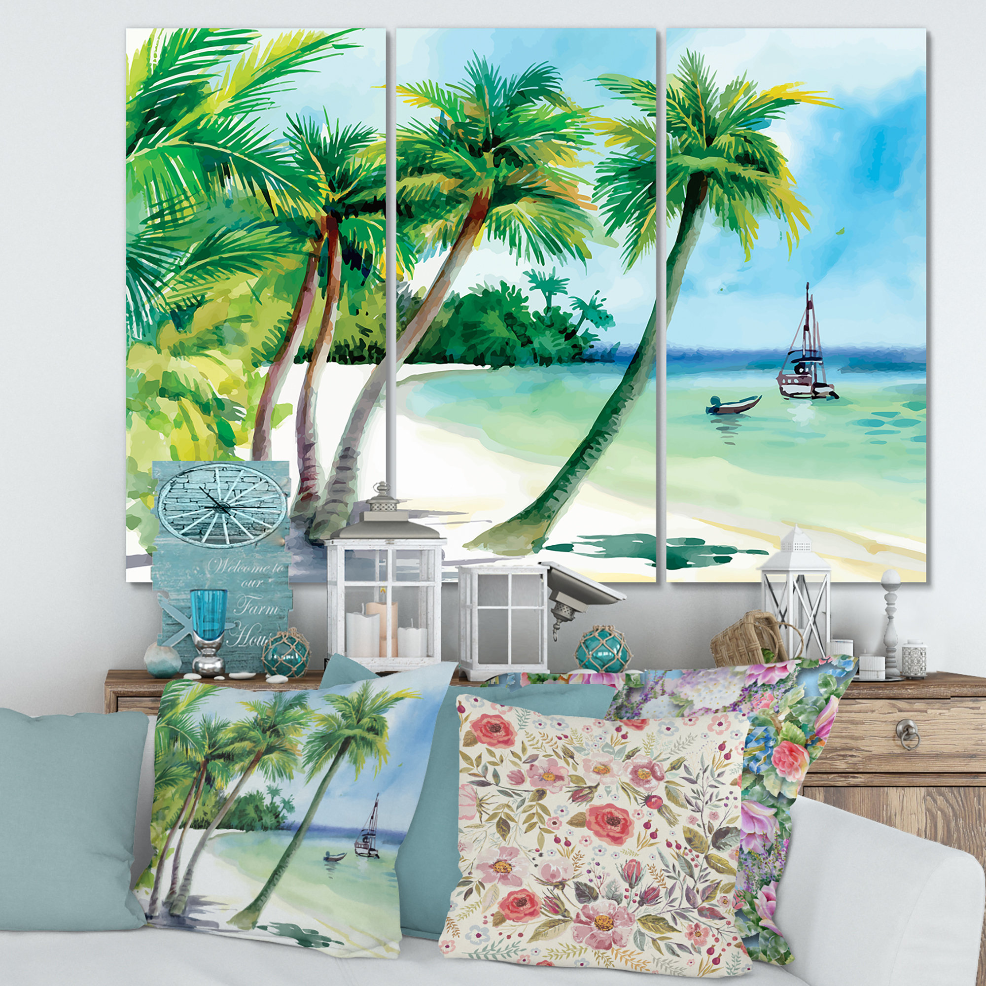 East Urban Home Summer Beach With Palm Trees - 3 Piece Print | Wayfair