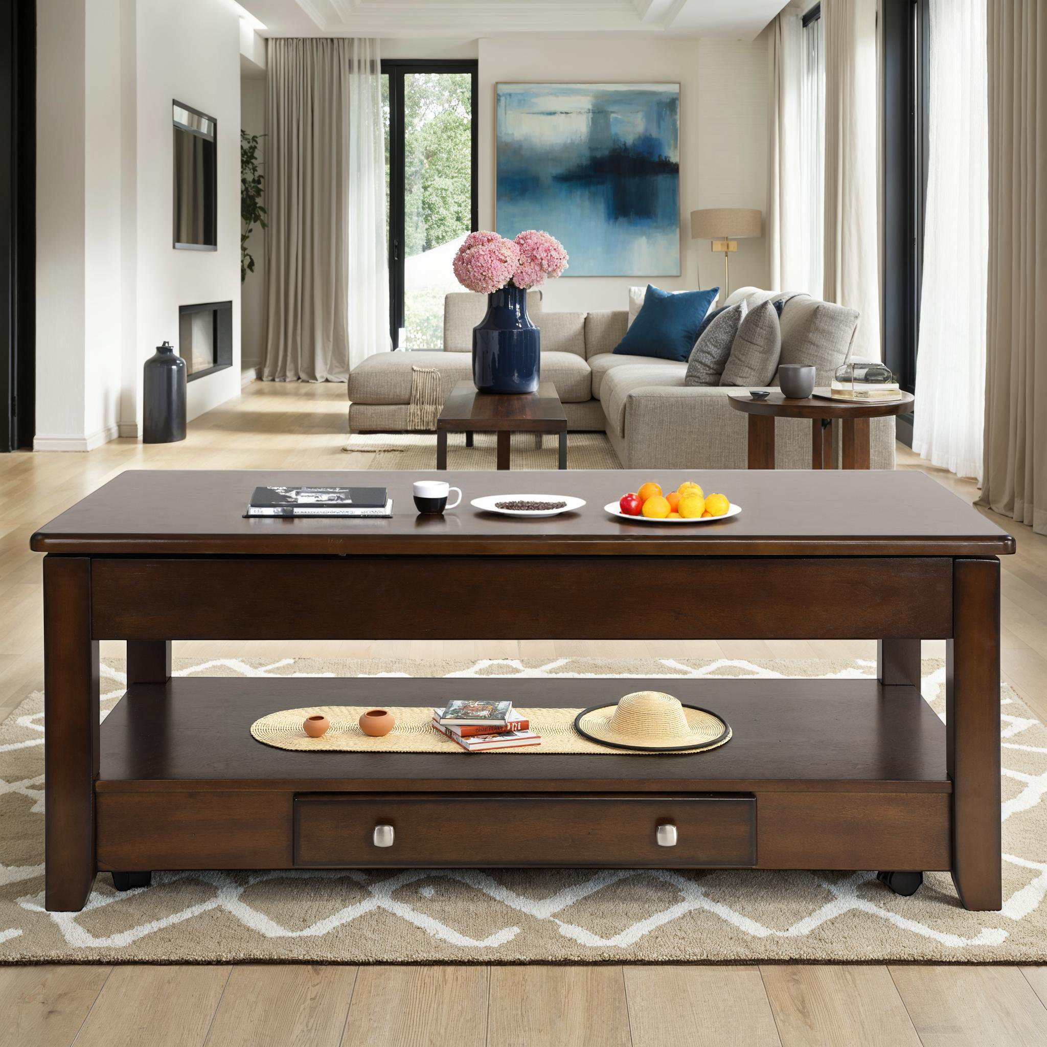 UBIBLA 48" Rectangular Lift-Top Coffee Table Dark Cherry Finish with ...