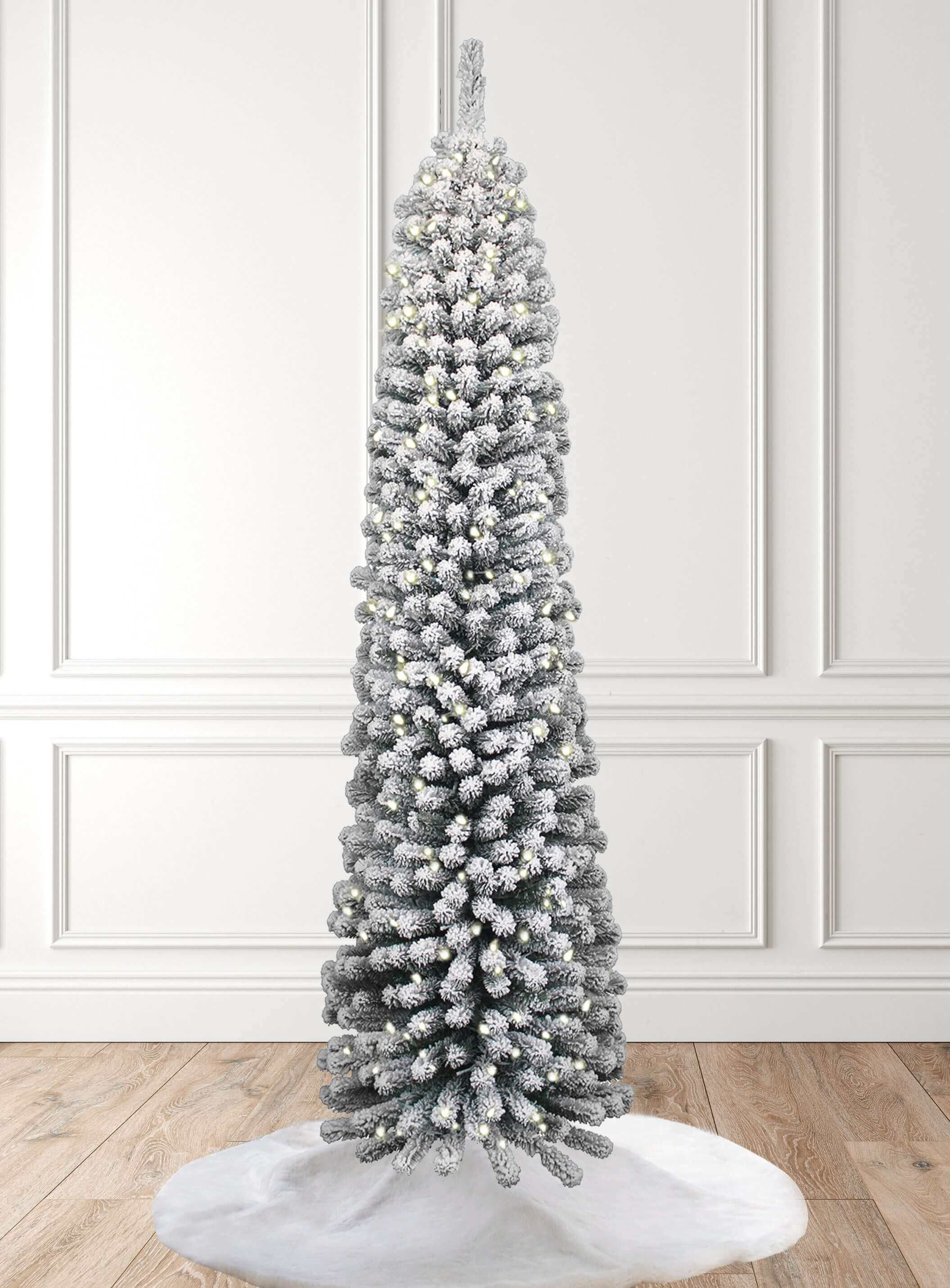 King Of Christmas 7ft Pre-Lit Artificial Flocked Pencil Christmas Tree ...