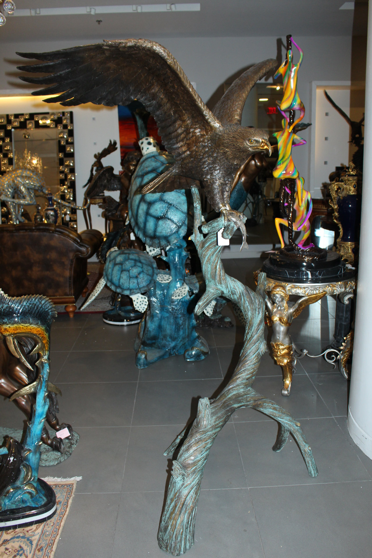 Nifao Statues Large Eagle Standing on Tree with Fish Prey Bronze Statue ...