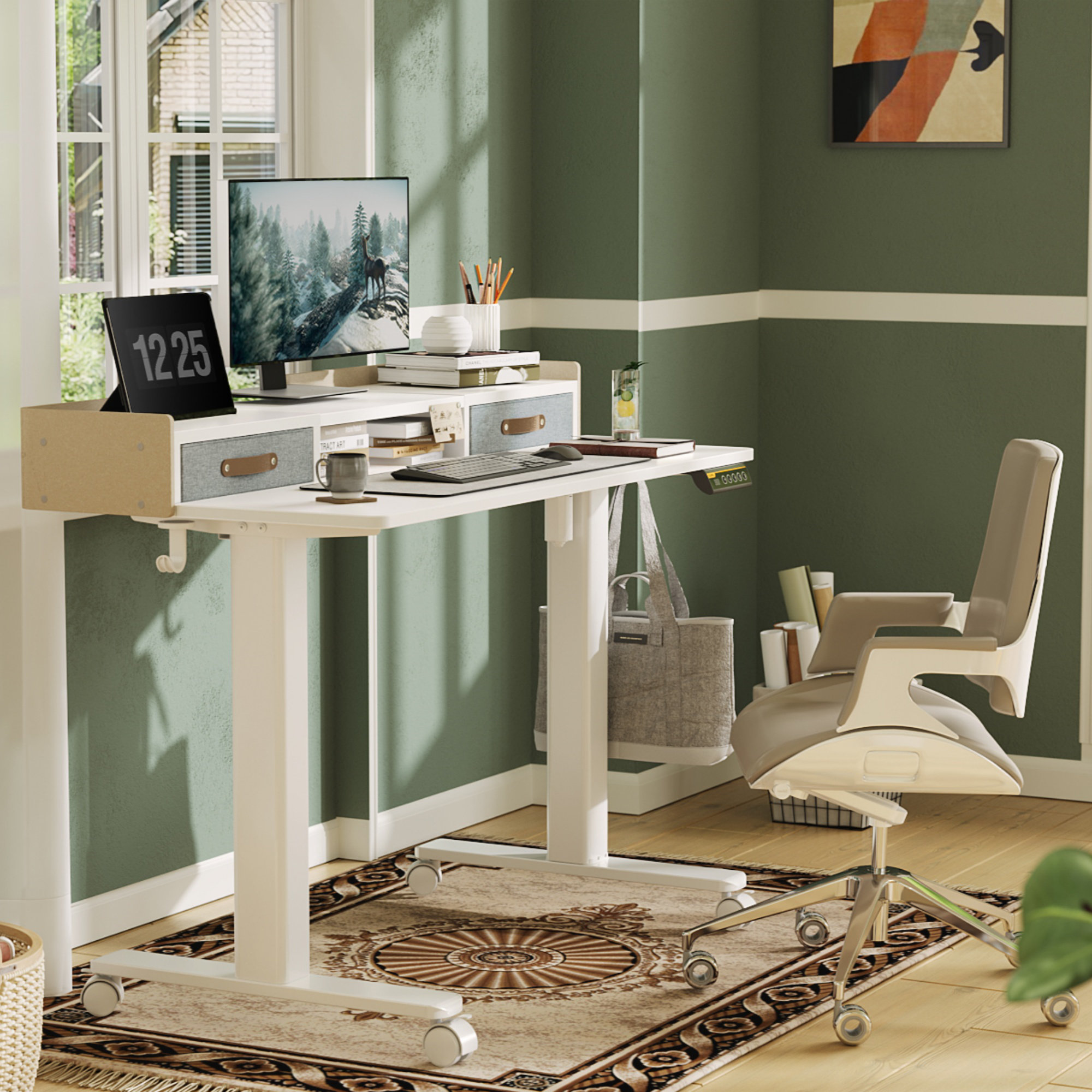 Inbox Zero Height Adjustable Standing Desk, Corner Home Office Computer ...