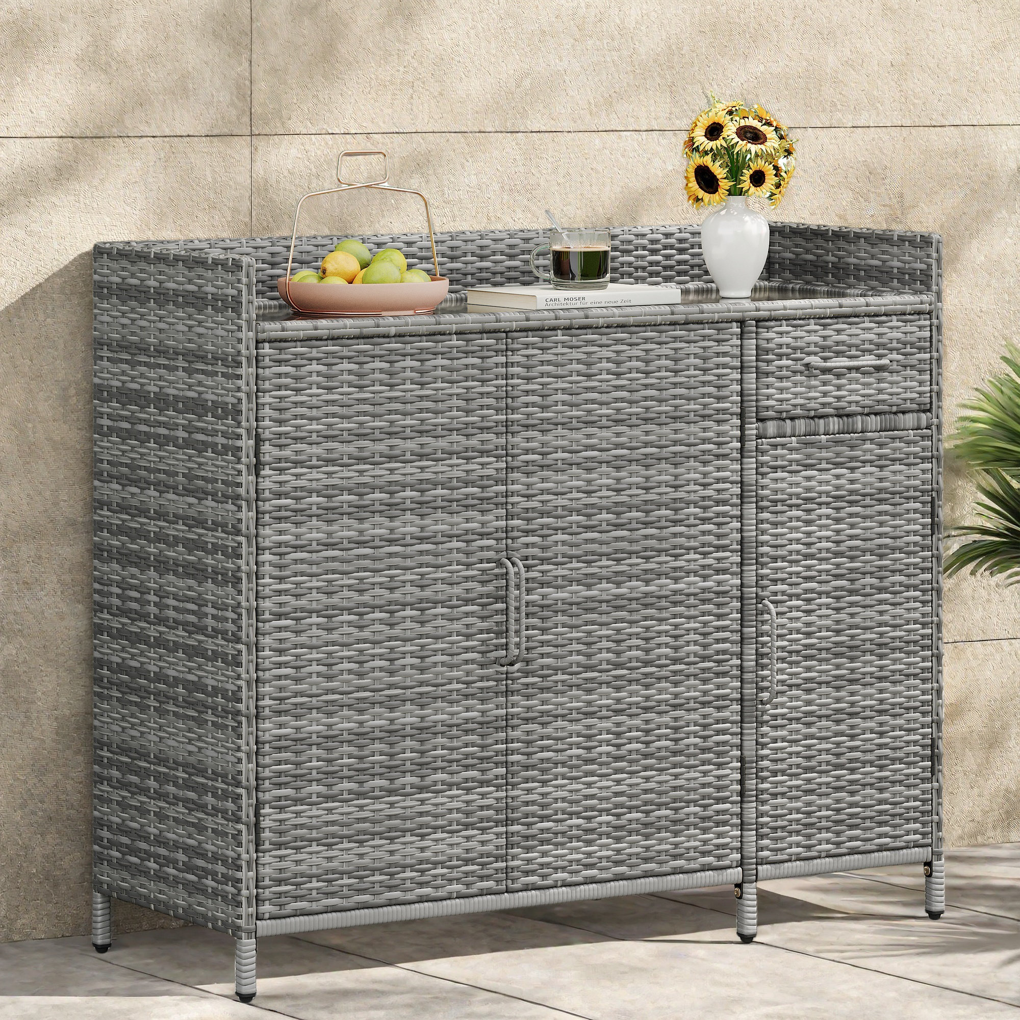 Latitude Run® Outdoor Wicker Storage Cabinet With Three Doors, Tempered ...