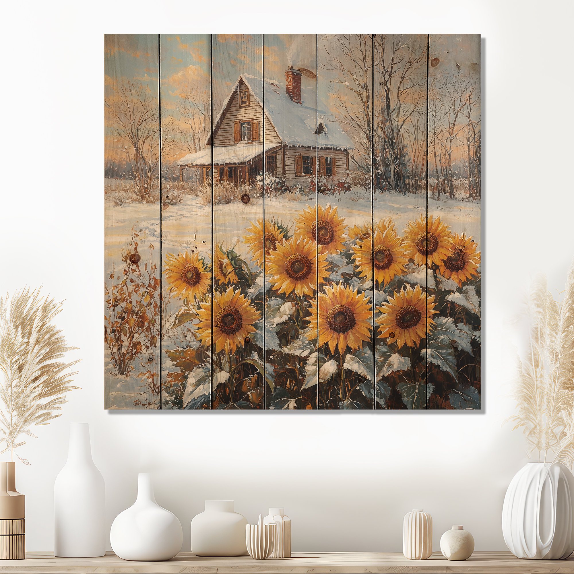 Ophelia & Co. Sunflowers And The Snowy Farmhouse - Sunflowers Wood Wall ...