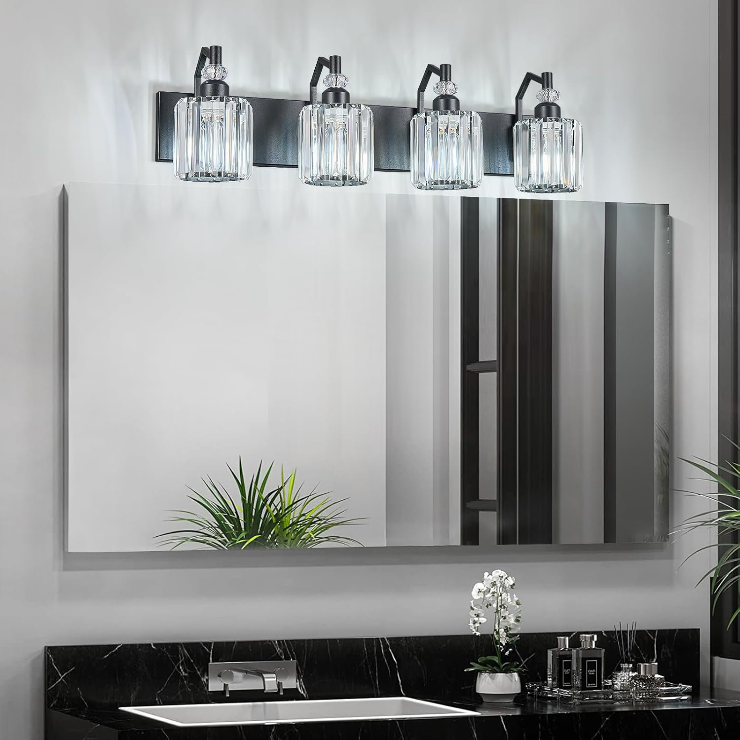Everly Quinn Modern Bathroom Vanity Light With Crystal Shade, 4-Light ...