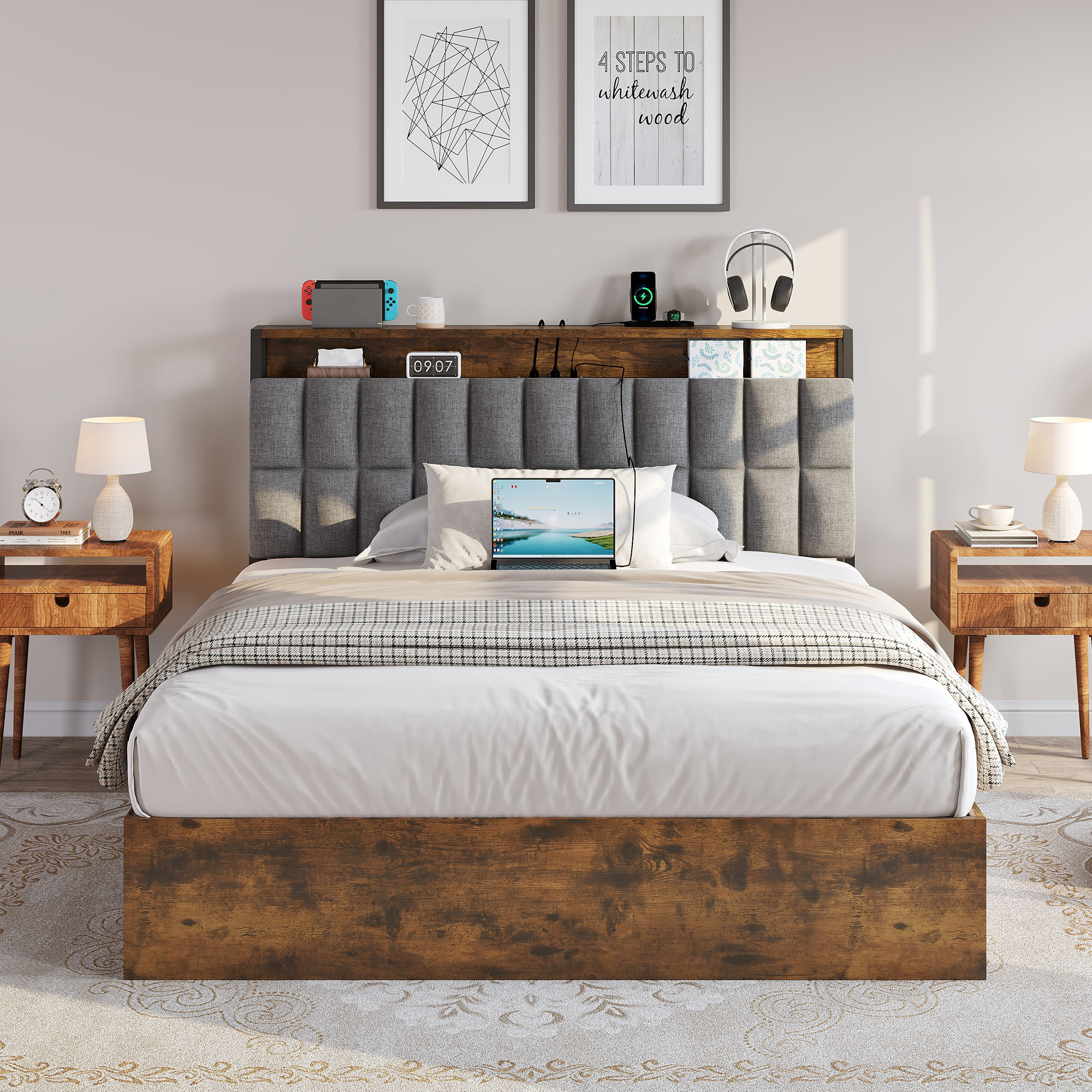 17 Stories Lift Up Bed Frame with Power Outlets & Storage Headboard ...