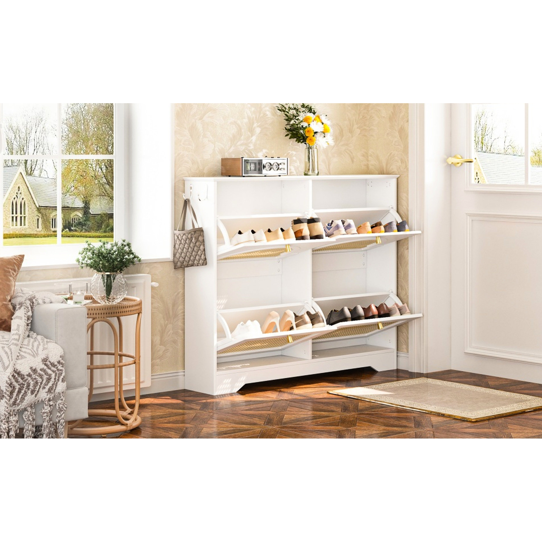 George Oliver White Mid - Century Shoe Cabinet With 4 Flip Drawers, 2 ...