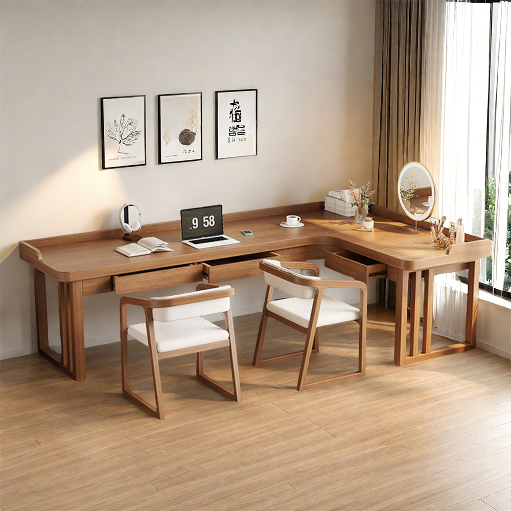 One Allium Way Simple Long L-shaped Pine Solid Wood Writing Desk ...