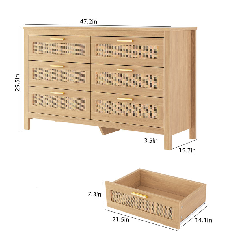 Bay Isle Home™ Natural Dresser With 6 Rattan Decorated Drawers, Boho ...