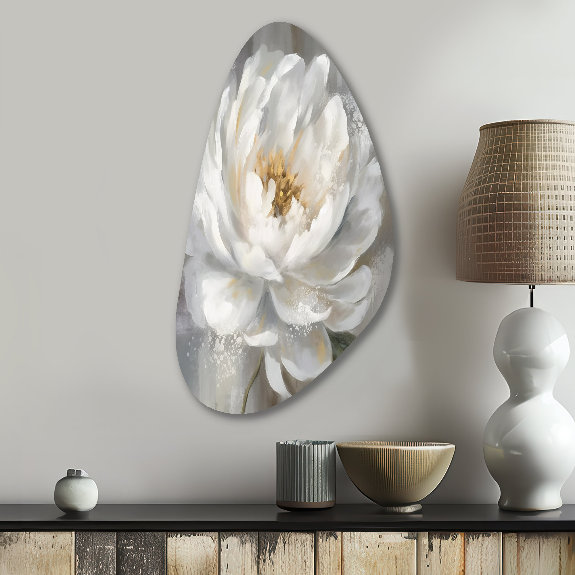 Design Art White Grey Peonies Artistry - Peonies Fall Shape Metal Wall ...