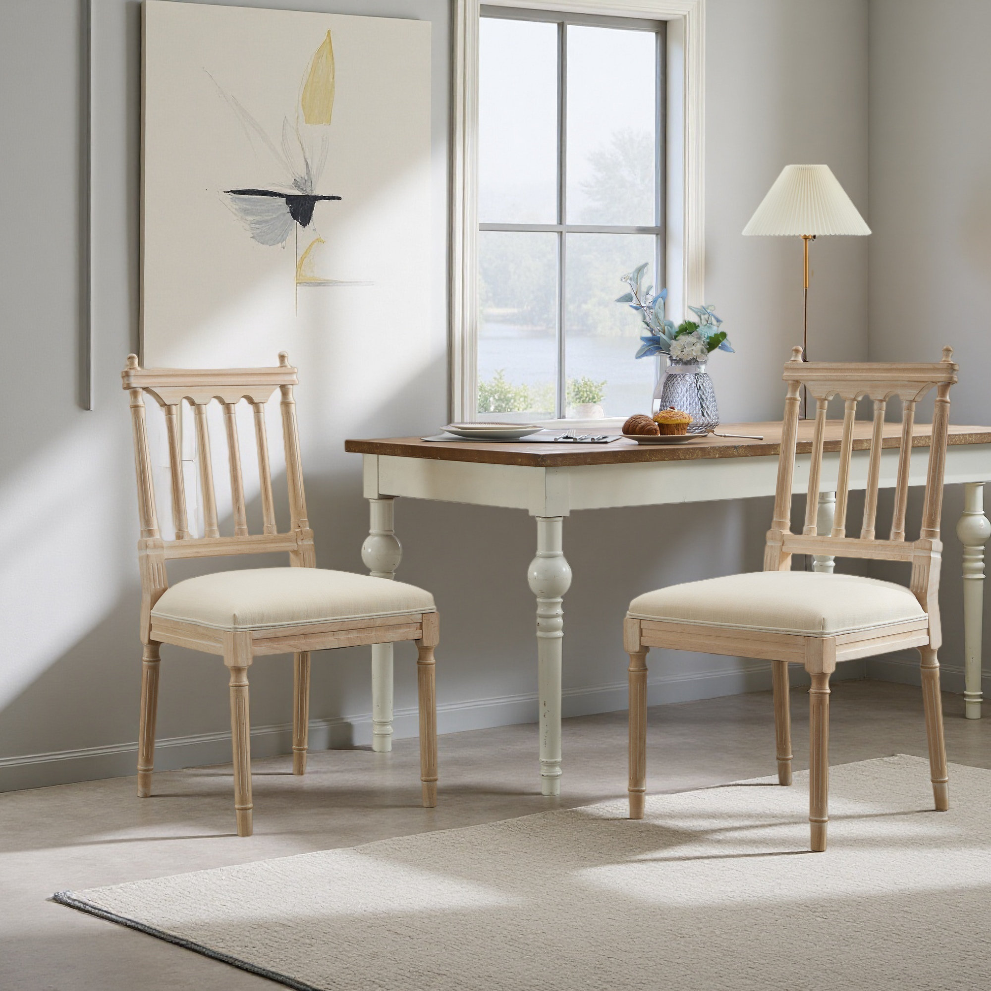 Charlton Home® Antique Dining Chairs - Linen Fabric Upholstered Wooden ...