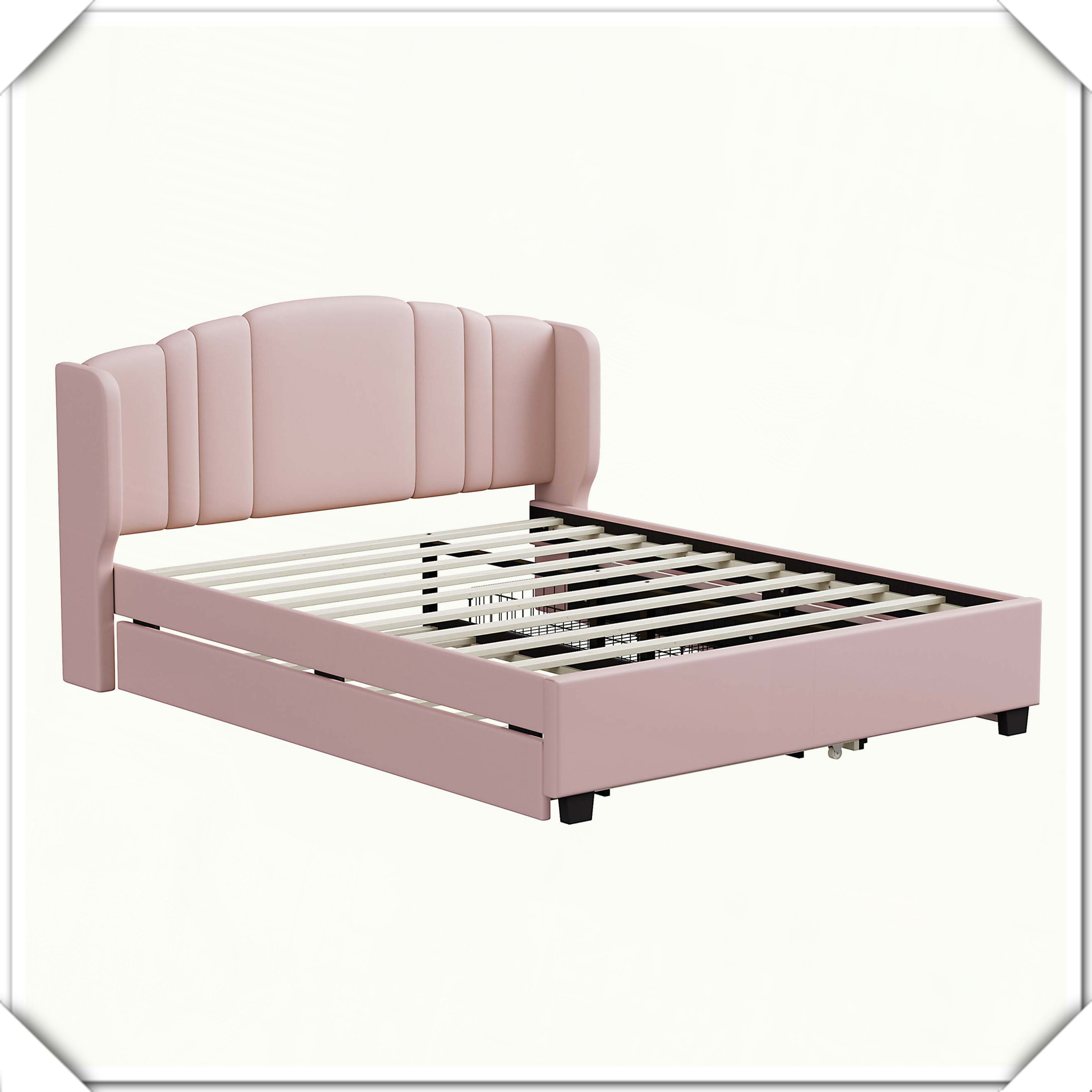 17 Stories Upholstered Platform Bed Wingback Headboard Trundle Drawers ...