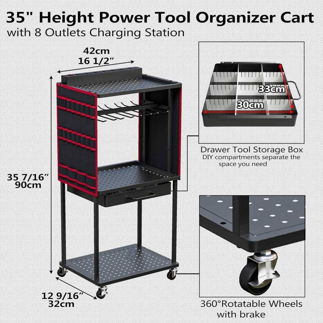 17 Stories Power Tool Organizer Cart With 8 Outlets Charging Station ...