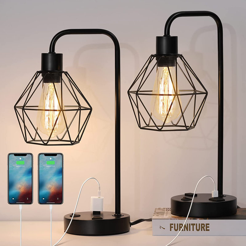 17 Stories 17" Black Desk Lamp Set with USB and Outlet & Reviews | Wayfair