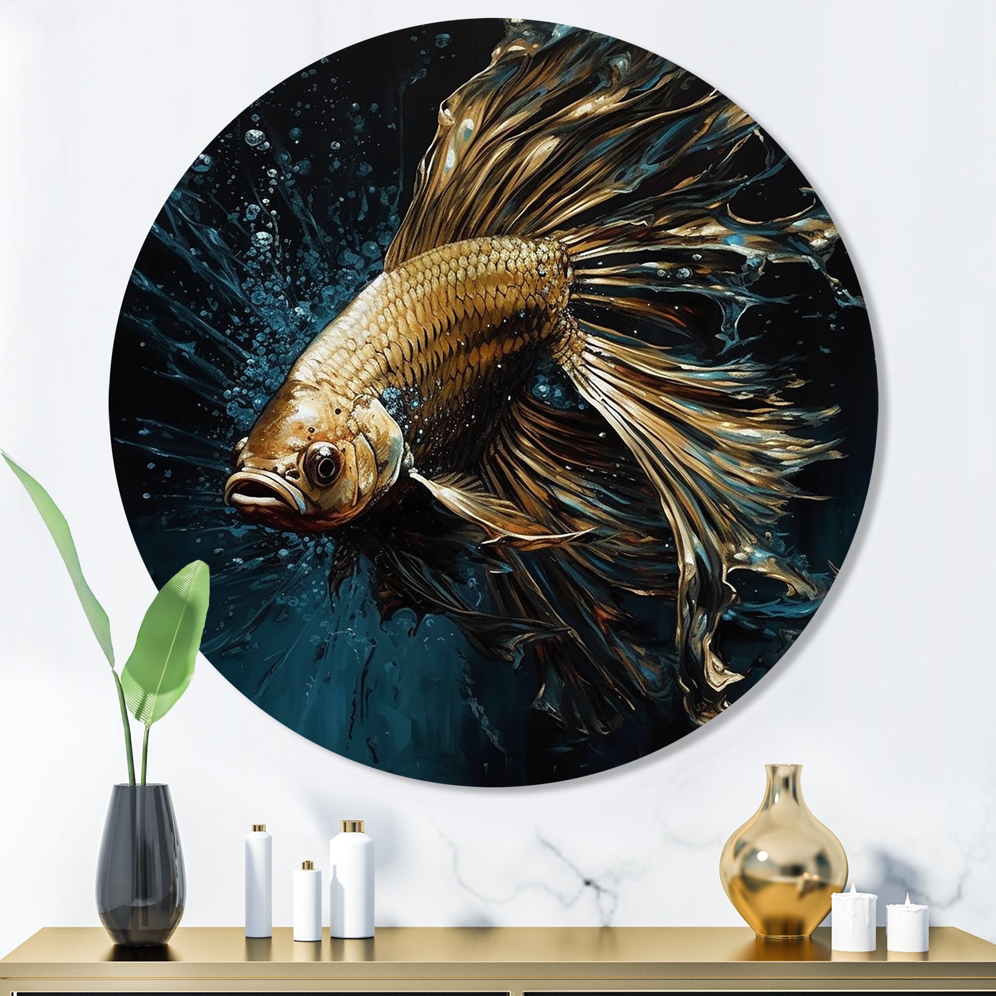 Dovecove Gold Fish In The Ocean II - Fish Round Metal Wall Art ...